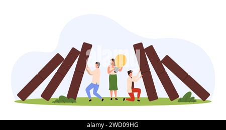 Proactive risk management. Tiny people building brick wall to avoid ...