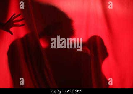 Silhouette of creepy ghost with skull behind grey cloth Stock Photo - Alamy