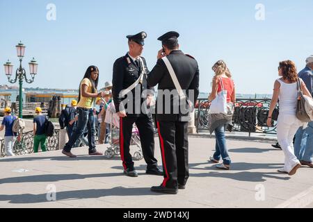Venice Two carabinieri police standing in uniform on popular tourist ...