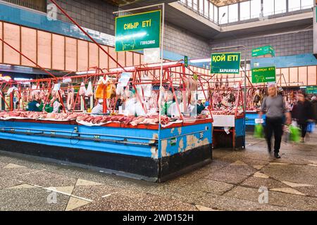A view of the meat, butcher section, many vendors, stalls selling horse ...