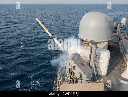 A griffin missile is launched from the coastal patrol ship USS Chinook ...