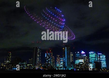 EDITORIAL USE ONLY 550 drones create shapes including a spaceship, the ...