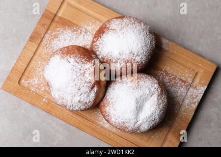 Delicious sweet buns on gray table, space for text Stock Photo - Alamy