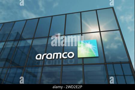 Dhahran, Saudi Arabia, January 3, 2024: Saudi Aramco headquarters glass ...