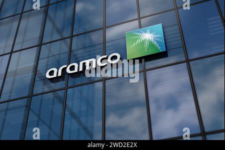 Dhahran, Saudi Arabia, January 3, 2024: Saudi Aramco headquarters glass ...
