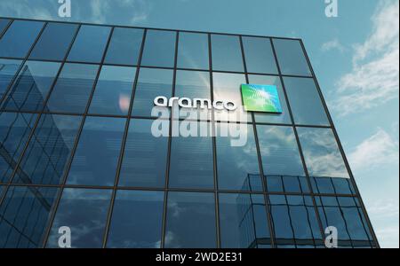 Dhahran, Saudi Arabia, January 3, 2024: Saudi Aramco headquarters glass ...