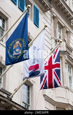 The Royal College of Nursing headquarters building & close up of flag ...