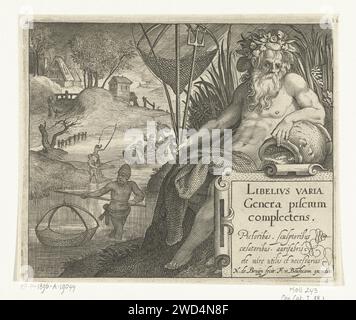 Title print with title and river god with trident and fishing net in ...