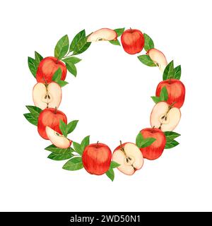 Apple red with leaves and banana, watercolor hand drawn illustration ...
