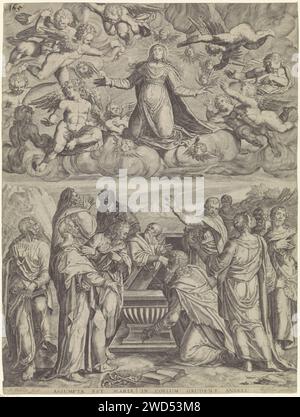Assumption of Mary, with caption in Latin., print maker: Michel Dorigny, after painting by ...