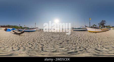 360° view of 360 hdri panorama near old fishing boats in sand on ocean ...