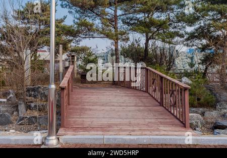 Wooden footbridge over dry man made pond with evergreen trees and ...