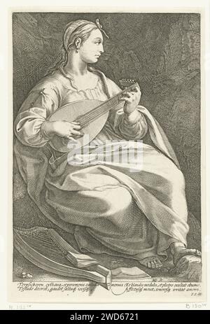 Terpsichore, 1592 print A series of nine muses. Four lines of Latin ...