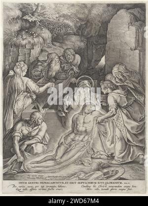 Piëta, Hieronymus Wierix, 1563 - before 1619 print Mary is pouring the deceased Christ, who lies ...