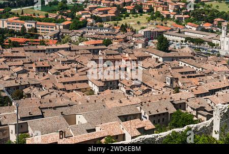 Rooftops showing closeness of homes and landscape of old Italian walled ...