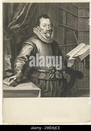 Portrait of Jacobus Taurinus, standing at a lectern in a library. Below ...
