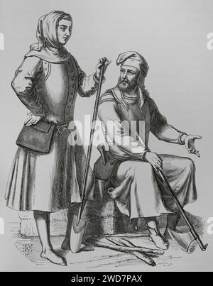 Italian gardener and woodcutter in the 14th century. Engraving. "Moeurs ...