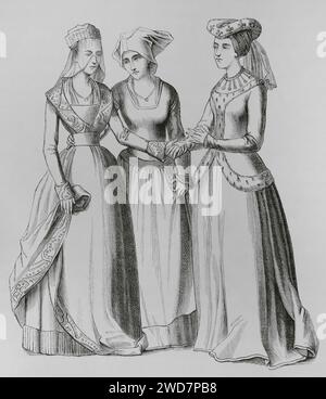Costumes of rich bourgeois and noble women, reign of King Louis XVI ...