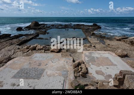 The Mediterranean coast, beach and harbor of Caesarea Maritima National ...