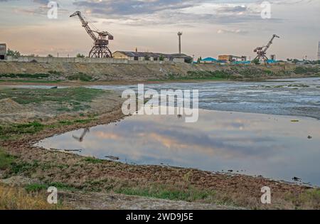Abandoned port on shores of parched Aral Sea in Aral (Aralsk ...