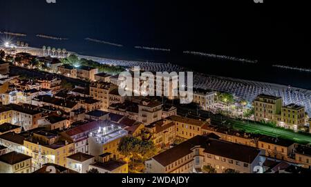 Night vision of Cupra Marittima and its beach. Acoli Piceno, Marche ...