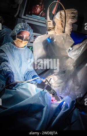 Robotic surgery in the operating room during a hysterectomy, the robot ...