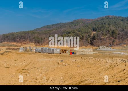 Daejeonn, South Korea, December 25, 2019: New fire hydrant inside steel ...