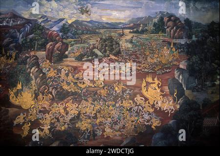 Mural of battle scenes from Ramakien epic, taken in 2001, Wat Phra Kaew ...
