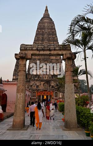 Central path & gateway to Mahabodhi Temple at dusk, originally built by ...