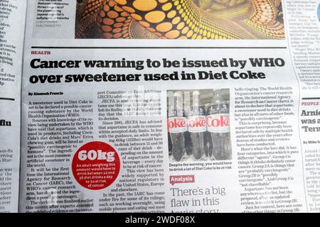 'Cancer warning to be issued by WHO over sweetener used in Diet Cokes' i newspaper headline ...