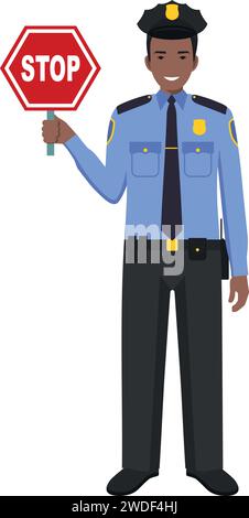 Standing American Policeman Officer with Warning Sign Stop in ...