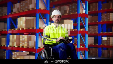People In Wheelchair Doing OSHA Inspection In Logistics Warehouse Stock ...
