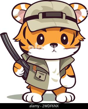 vector cartoon of cute tiger soldier holding weapon with military ...
