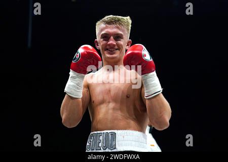 Boxer Ste Clarke celebrates after victory against Vasif Mamedov in the ...