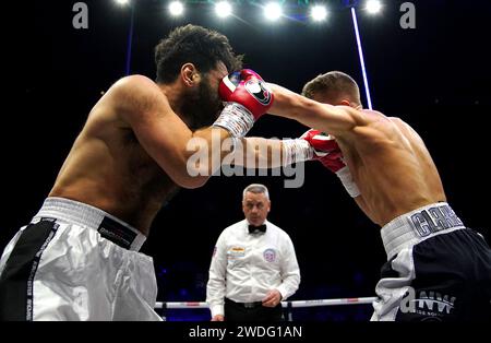 Boxer Ste Clarke (right) in action against Vasif Mamedov in the Super-Middleweight bout at the M ...