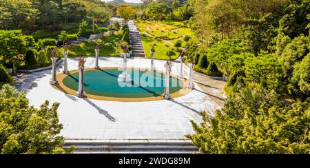 Aerial view of statues at entrance to Golden Bat Exhibition park in ...