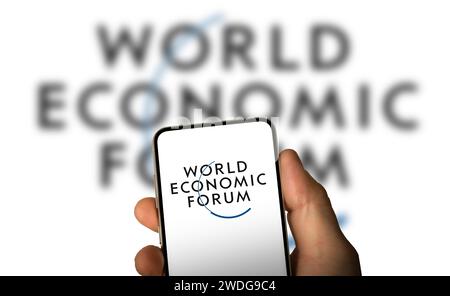 Logo of WEF (World Economic Forum), in the background Davos (Composing ...