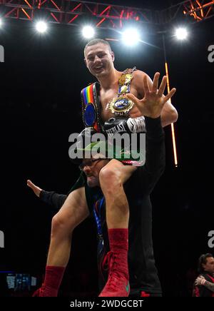 Zak Chelli celebrates after the Brit and Comm Super-Middleweight bout ...