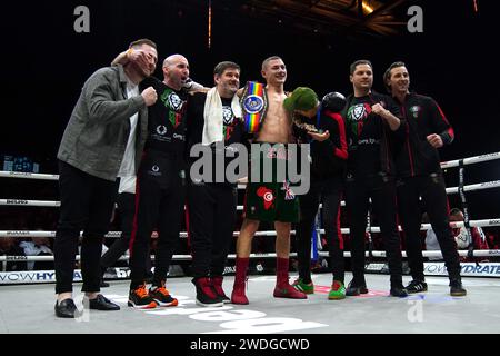 Zak Chelli celebrates after the Brit and Comm Super-Middleweight bout ...