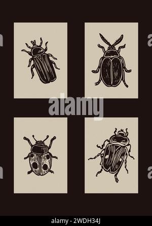 Handmade linocut insect motif vector clipart in folkart scandi style ...