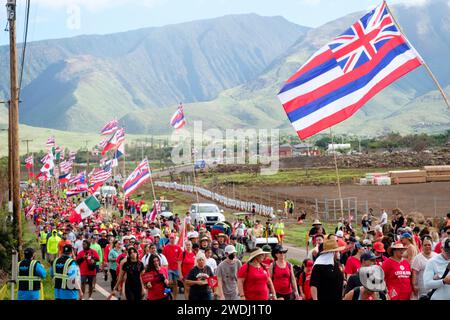 Lahiana, Hawaii, USA. 20th Jan, 2024. Local Maui residents march in the ...