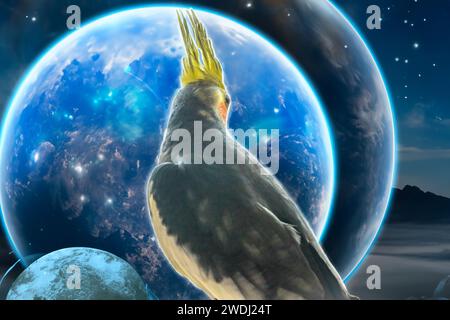 A parrot looks at our future planet. Concept for protection of animals ...
