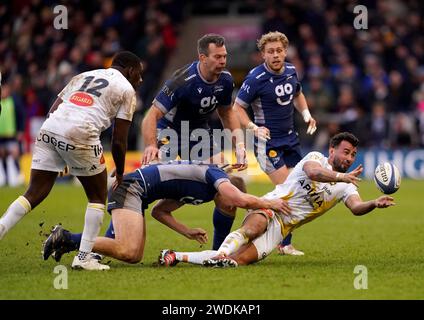 Stade Rochelais' Antoine Hastoy is tackled by Leinster Rugby's Rieko ...