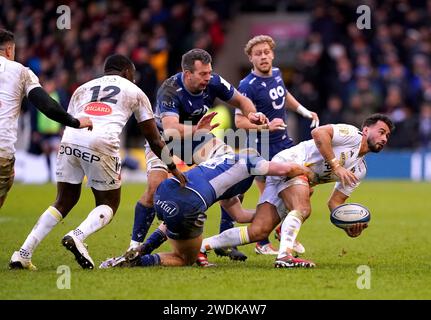 Stade Rochelais' Antoine Hastoy is tackled by Leinster Rugby's Rieko ...