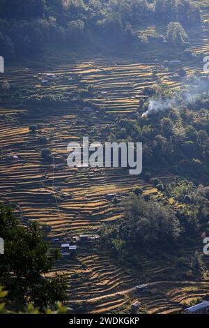the valley and village of Birethanti in Nepal, view of Poonhill circle ...