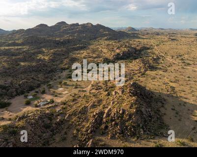 Aerial view of the Namibgrens Mountain Camp and the large granite ...