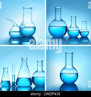 Laboratory glassware. Different flasks and test tubes with samples ...