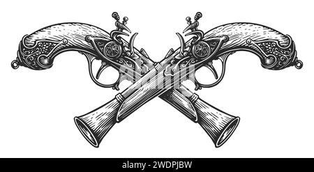 Crossed guns, sketch. Two flintlock pistols, firearms. Hand drawn ...