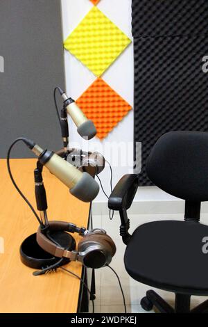 Studio microphone for recording podcasts on a blue background Stock ...