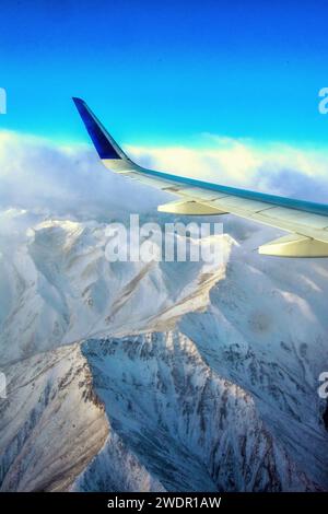 Aeroplane flying over Himalaya snow peak mountains, Leh, Ladakh ...